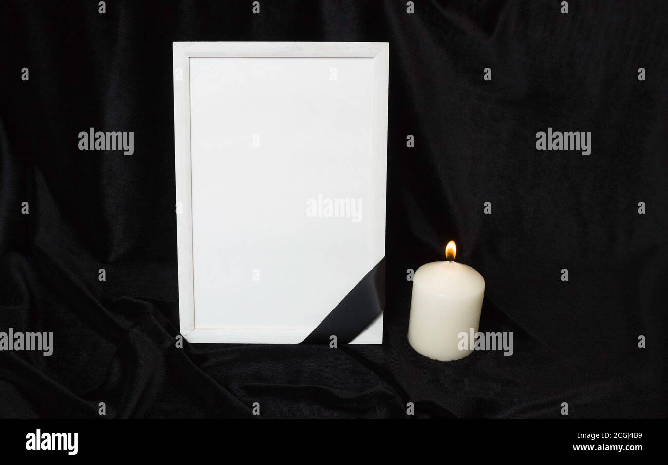 Condolence card. Memorial frame with black ribbon. White candle. Black ...
