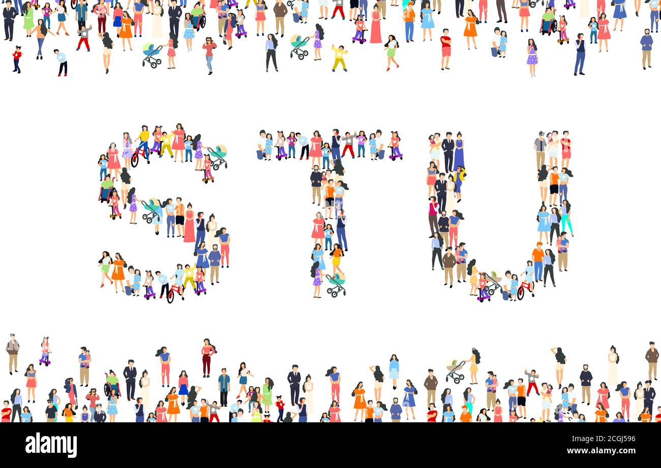 Large group of people in letter S, T, U sign. People font set. Vector ...