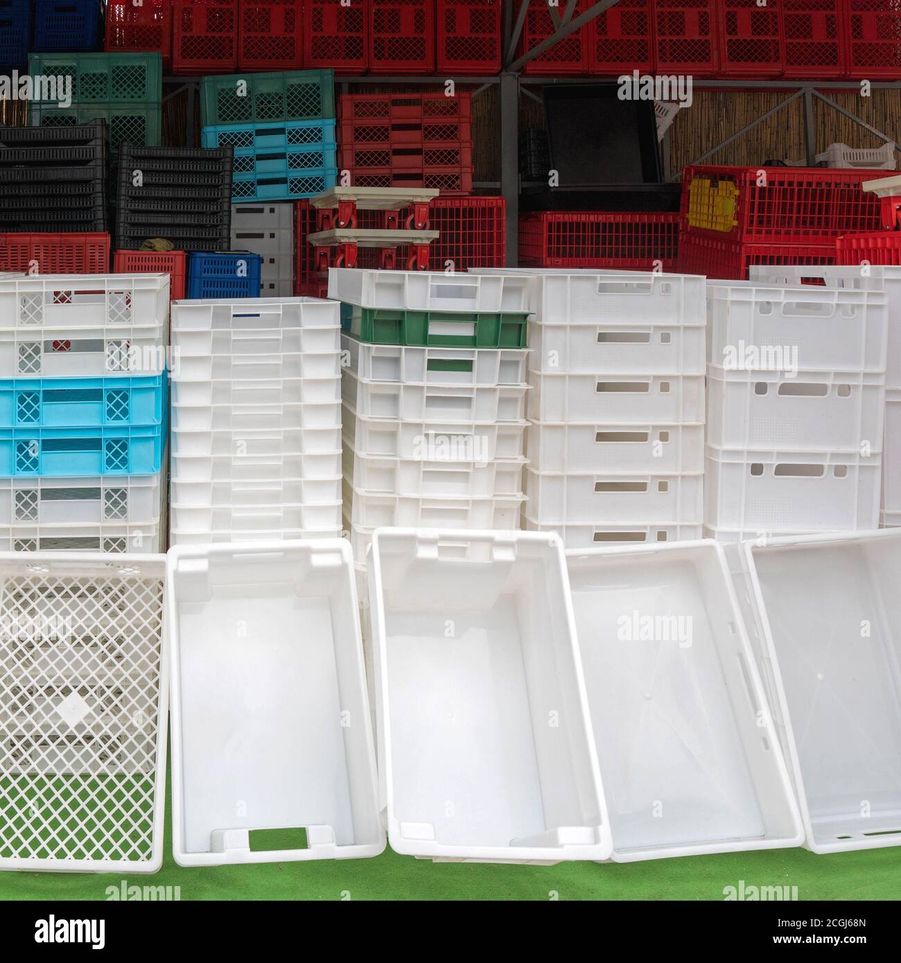 Plastic Crates and Transport Boxes at Farm Stock Photo - Alamy