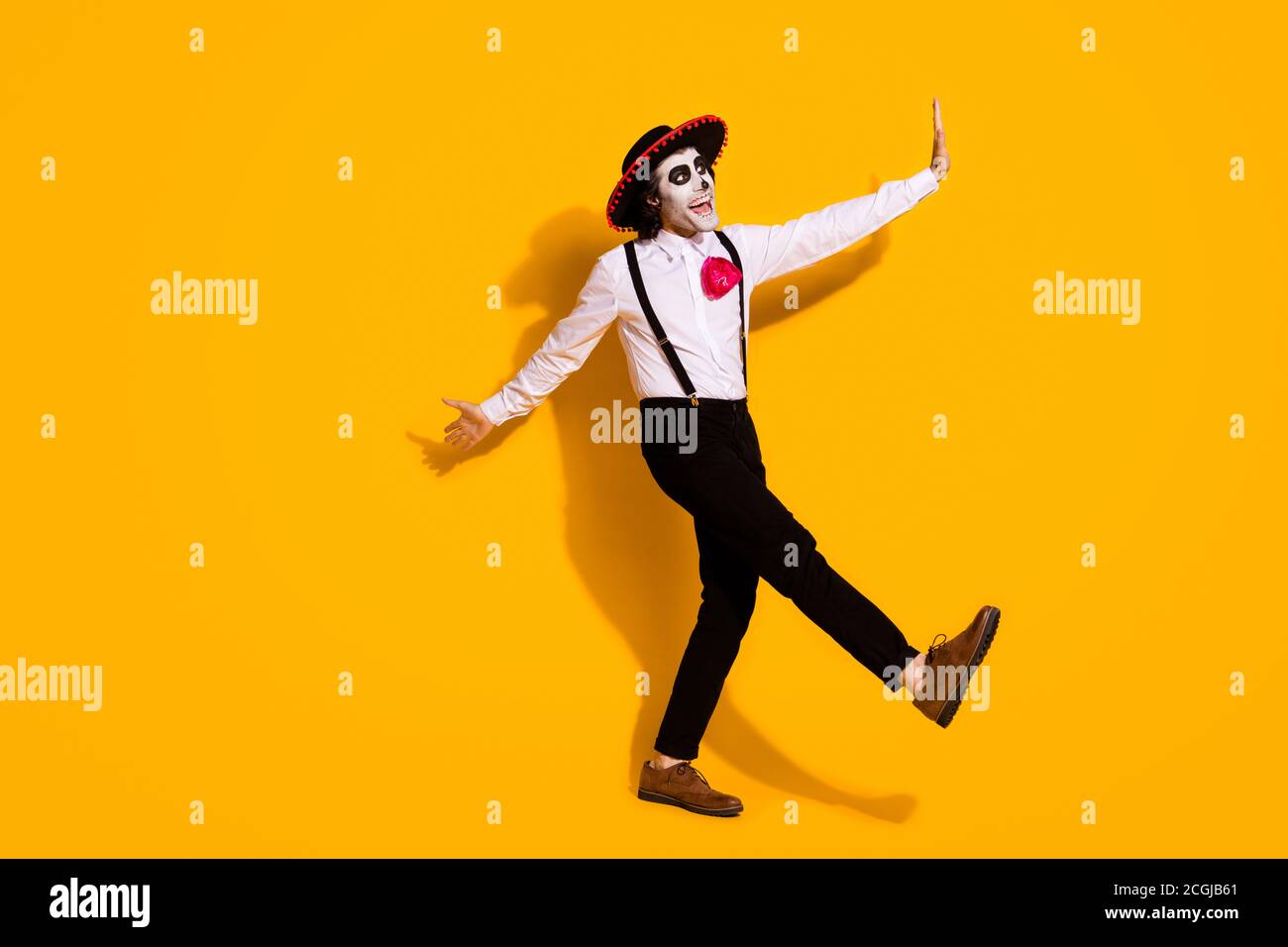 Full length photo of creepy monster guy dance excited greeting undead ...