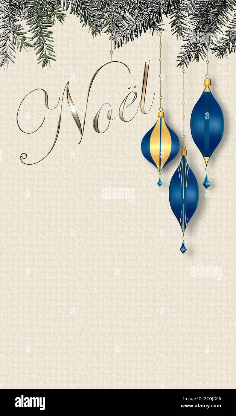 French Noel. Elegant Christmas greeting card, design of blue gold xmas ...