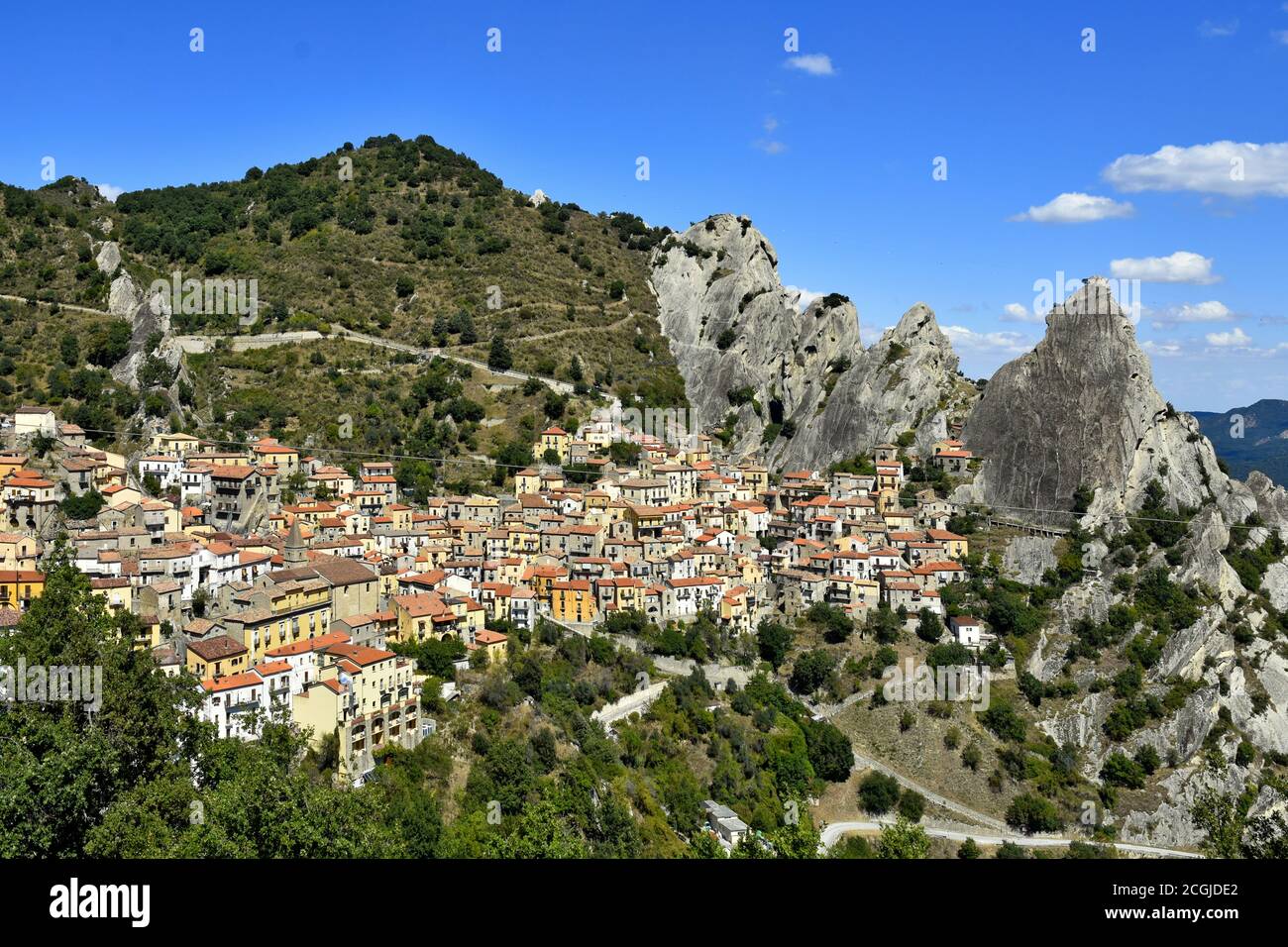 Panoramic view of Castelmezzano, a rural village in the mountains of ...