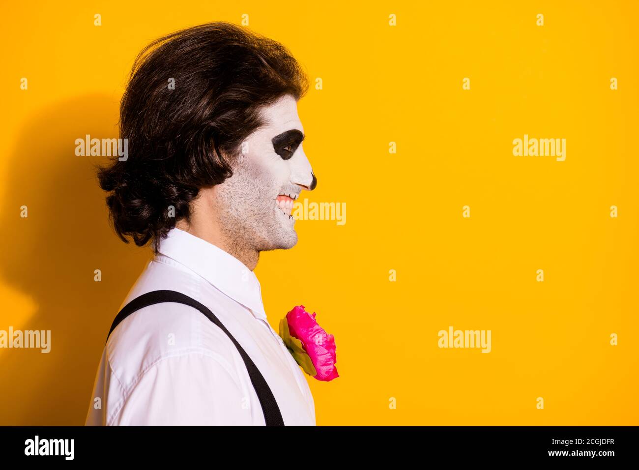 Closeup profile photo of spooky creature guy look empty space beaming ...