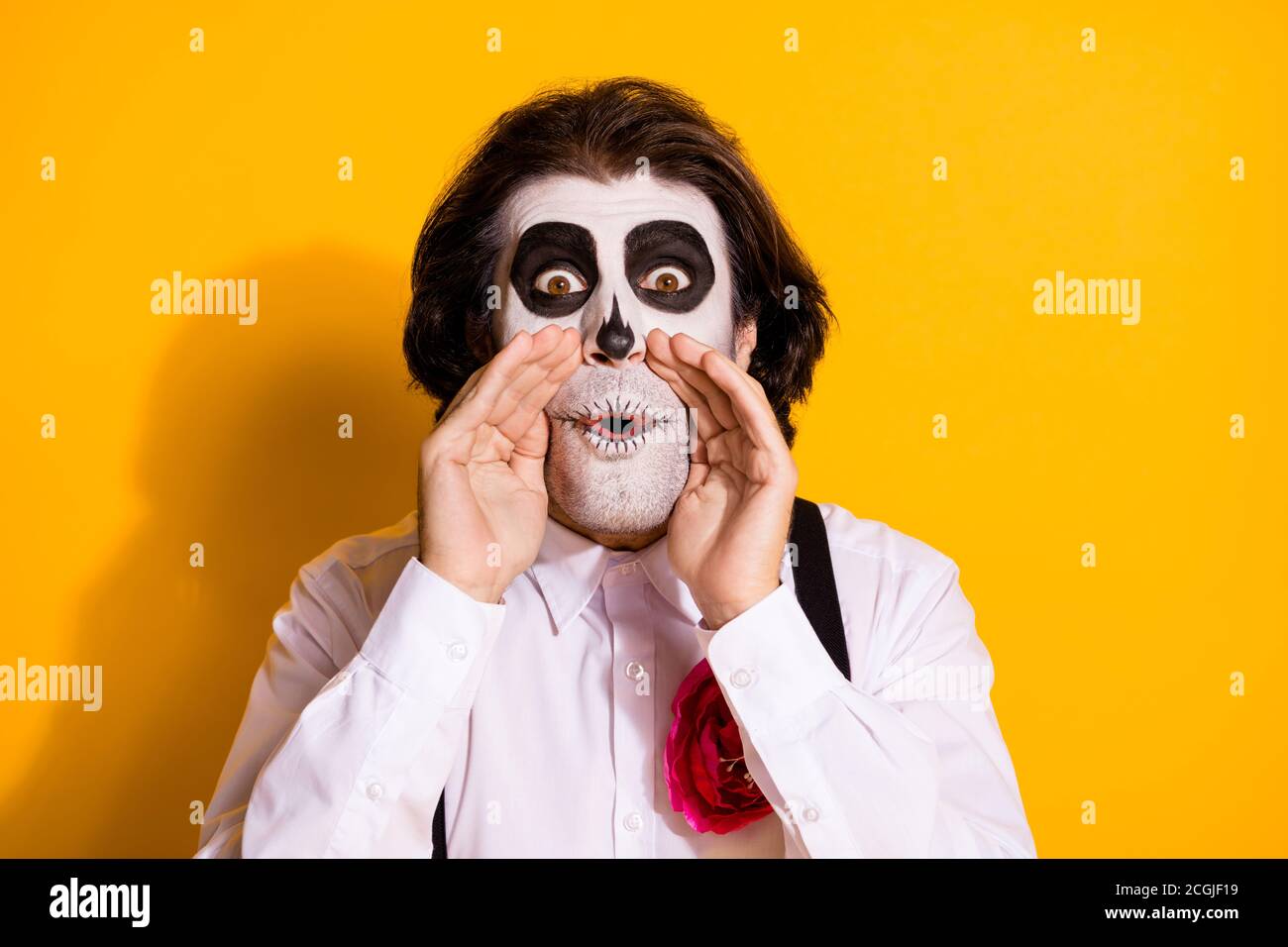 Photo of scary playful sly demon bristled guy hand mouth excited spread ...