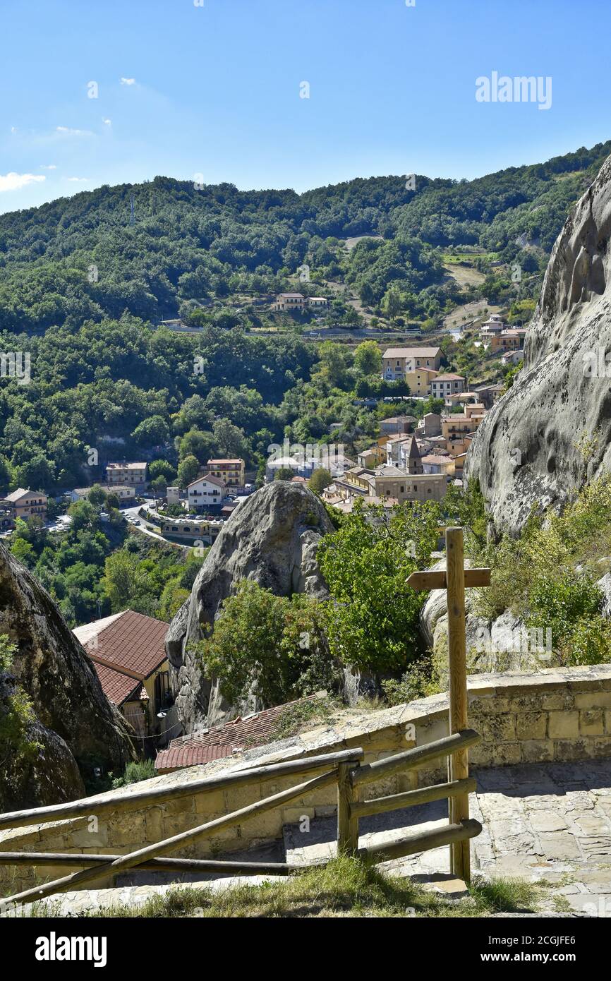 Panoramic view of Castelmezzano, a rural village in the mountains of ...