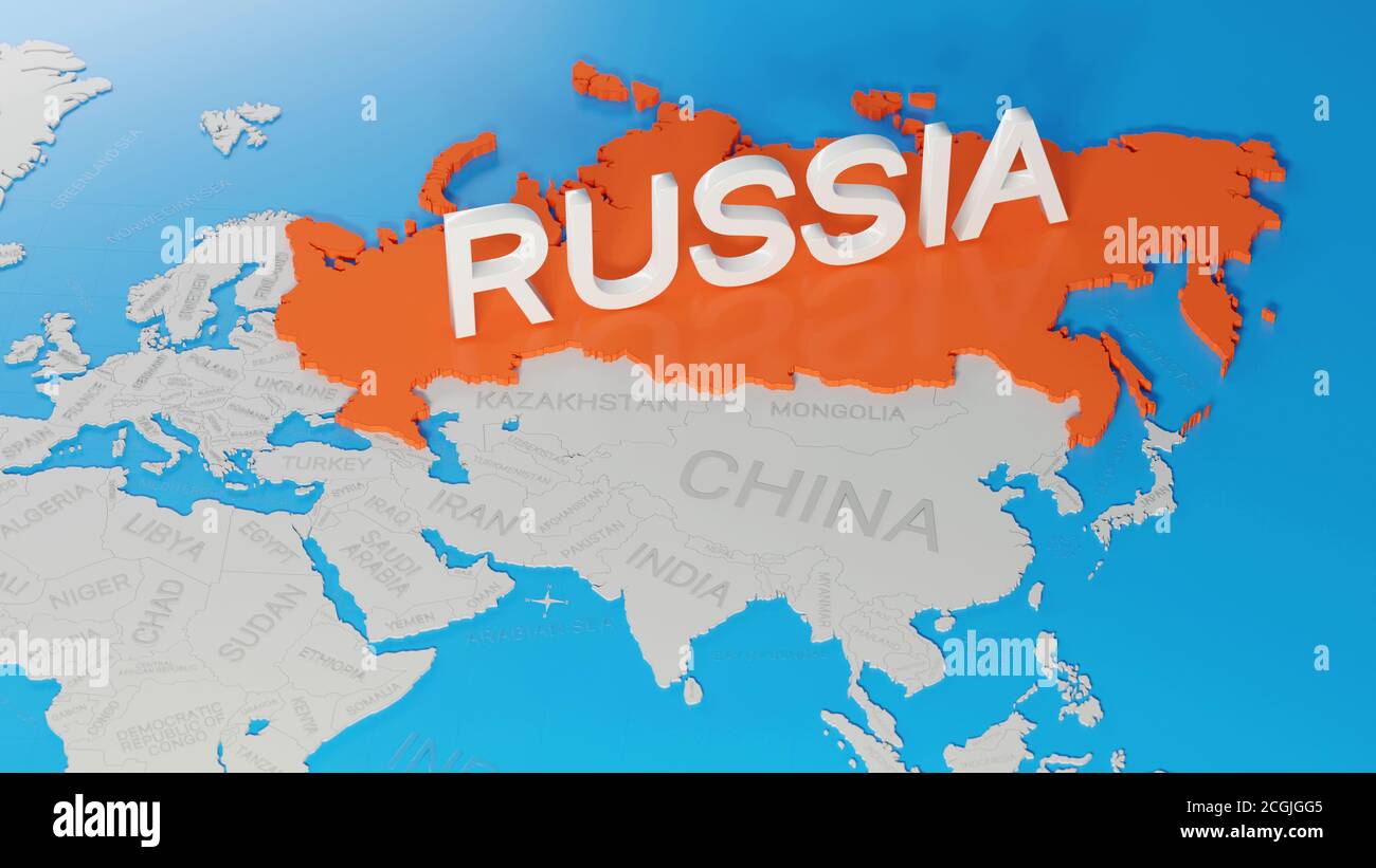 Russia highlighted on a white simplified 3D world map. Digital 3D ...