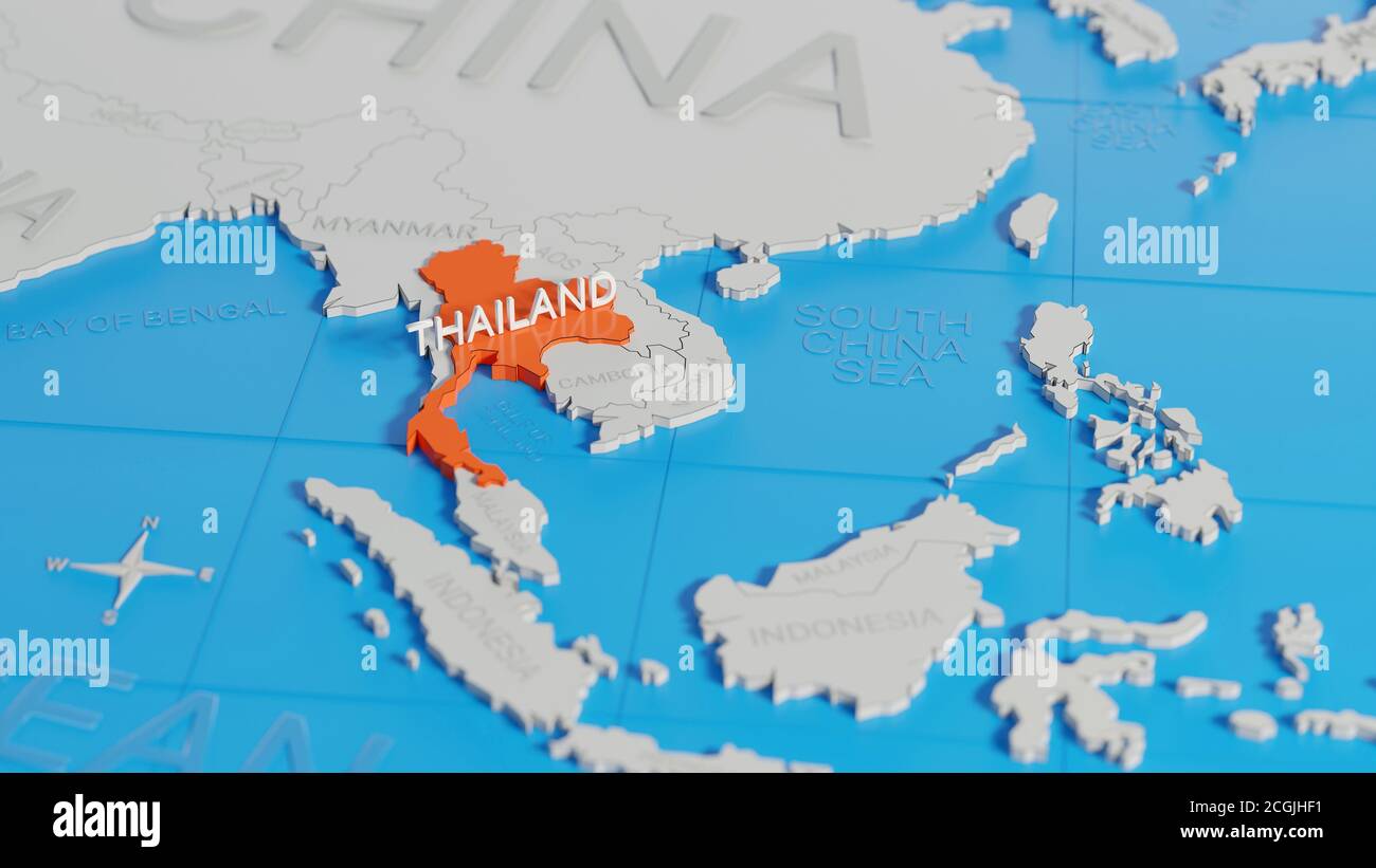Thailand highlighted on a white simplified 3D world map. Digital 3D ...