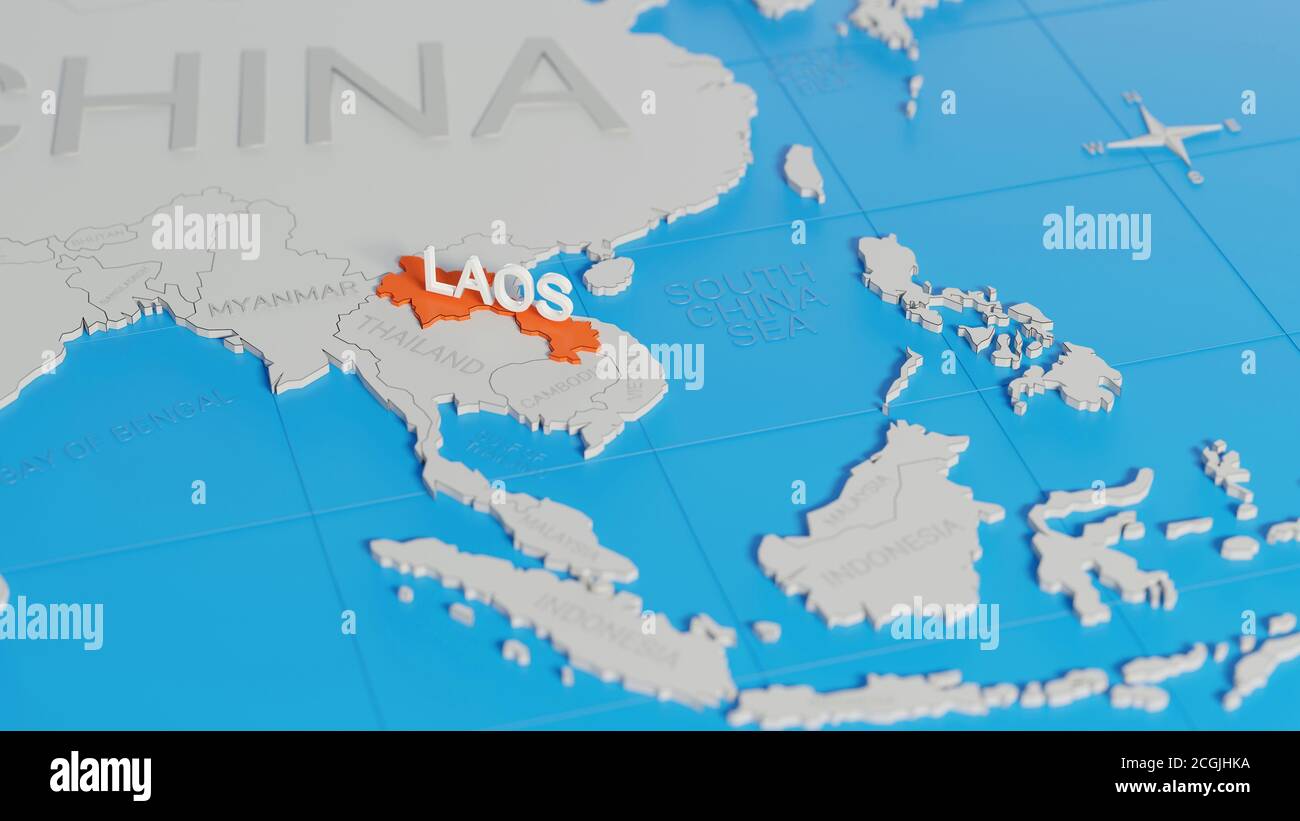 Laos highlighted on a white simplified 3D world map. Digital 3D render ...