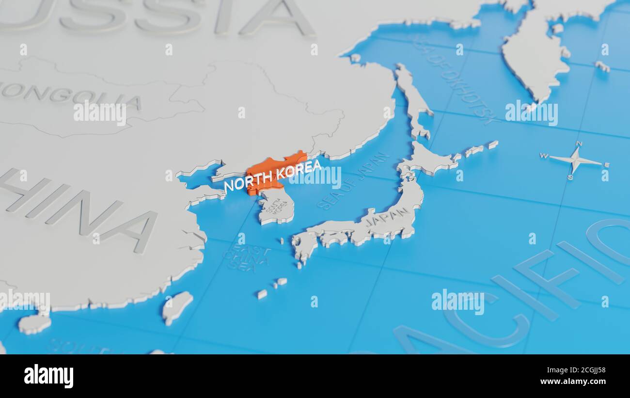 North Korea highlighted on a white simplified 3D world map. Digital 3D ...
