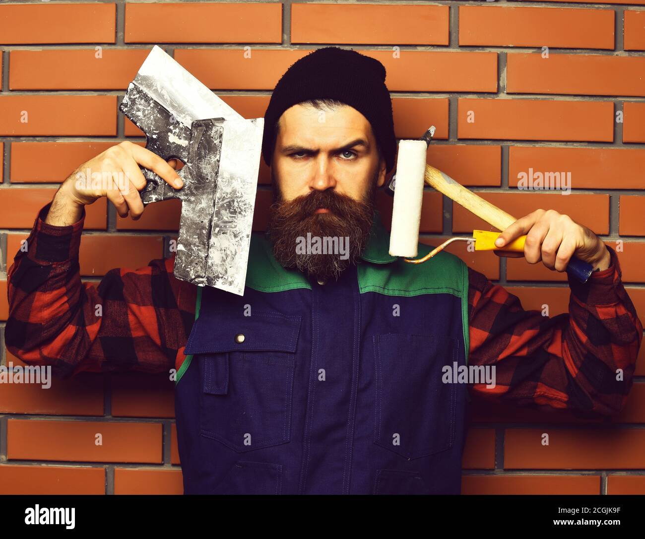 bearded painter man, long beard, brutal caucasian hipster with ...