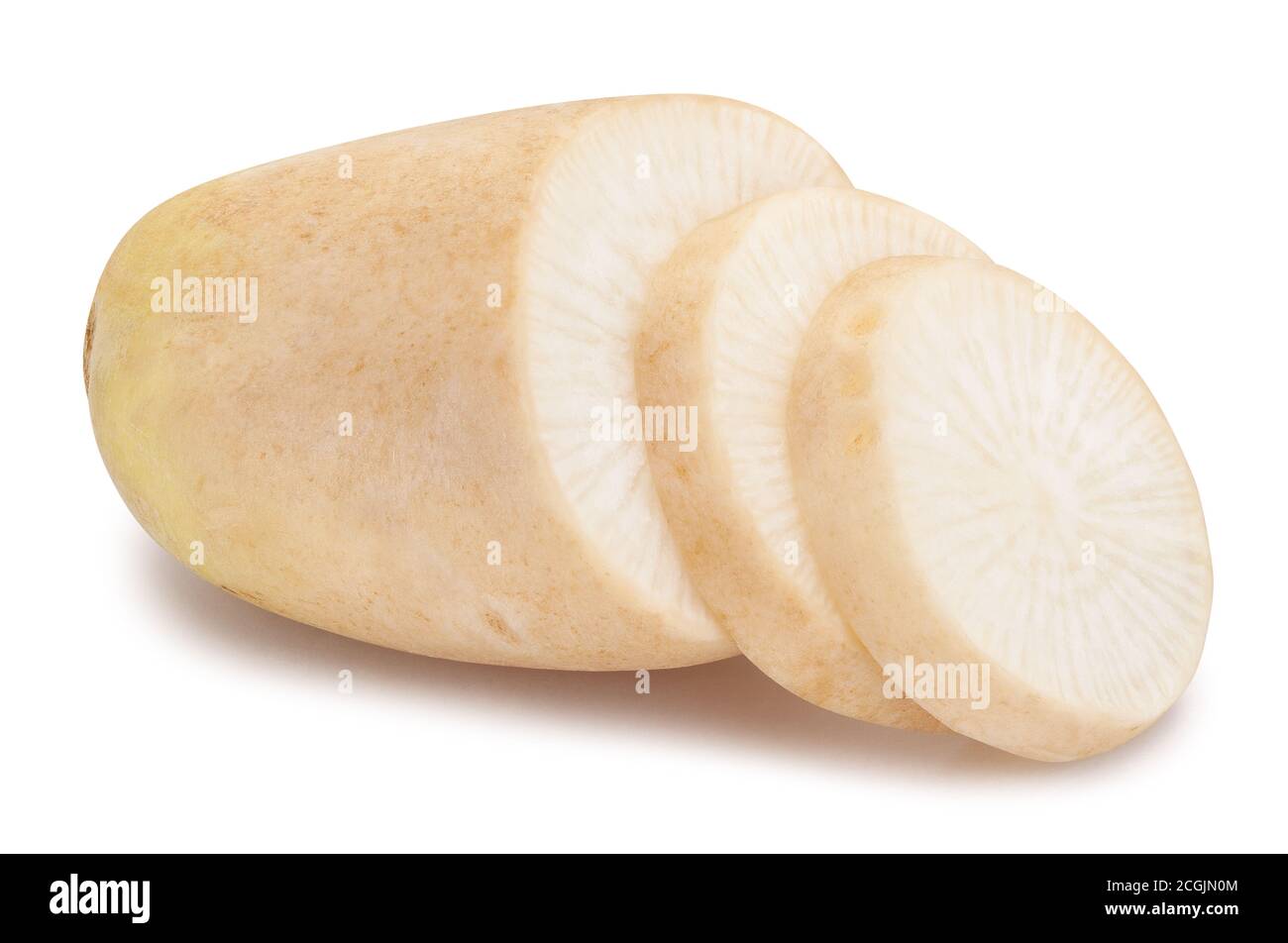 sliced daikon radish path isolated on white Stock Photo - Alamy