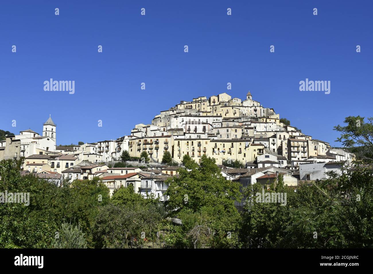 Panoramic view of Calvello, a rural village in the mountains of the ...
