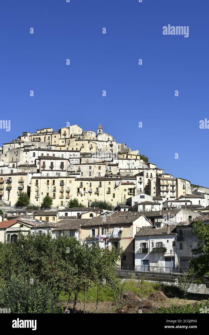 Panoramic view of Calvello, a rural village in the mountains of the ...
