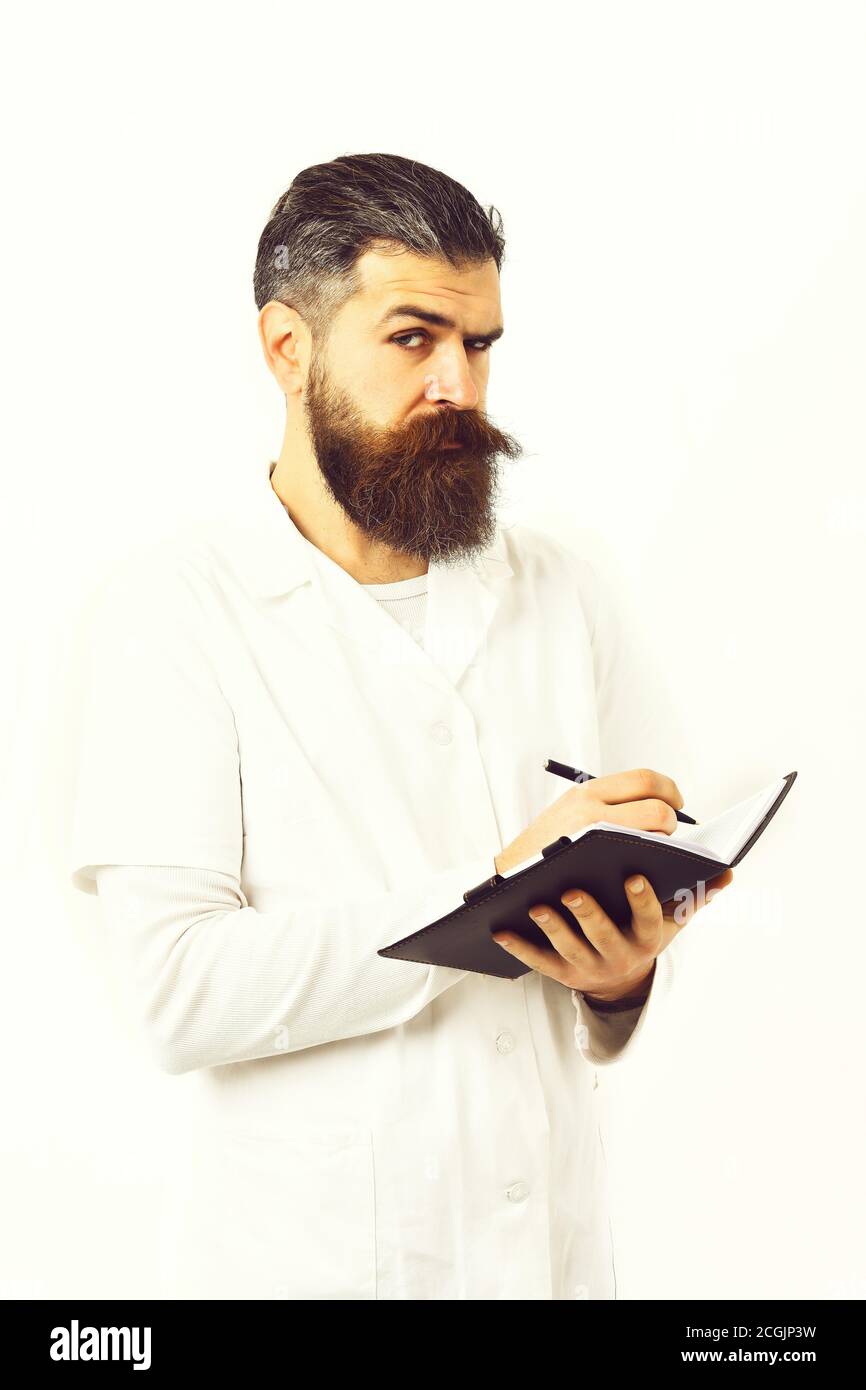 Bearded man, long beard. Brutal caucasian doctor or unshaven hipster ...