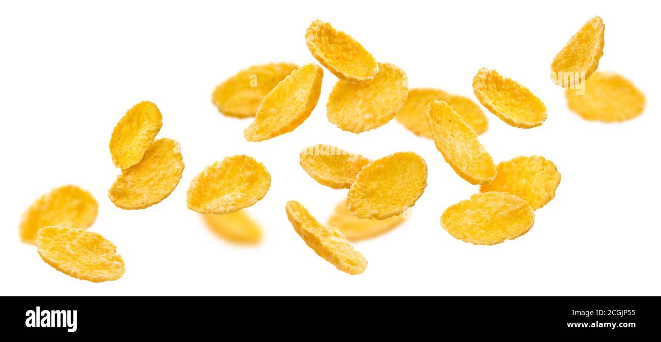 Falling corn flakes isolated on white background Stock Photo - Alamy
