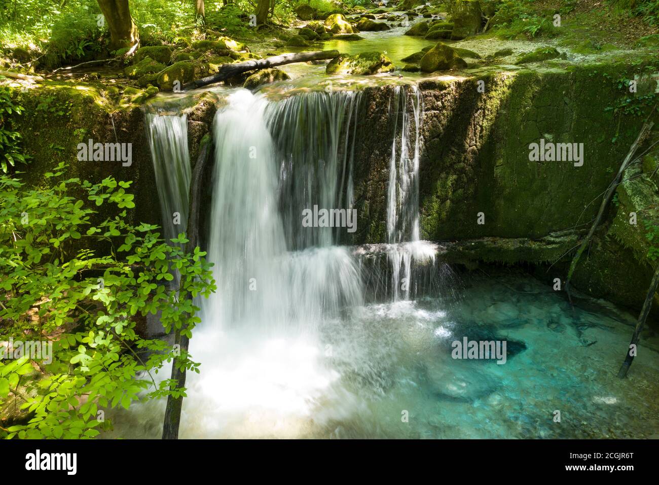 frontal aerial view of the waterfall produced by the orfento river in ...