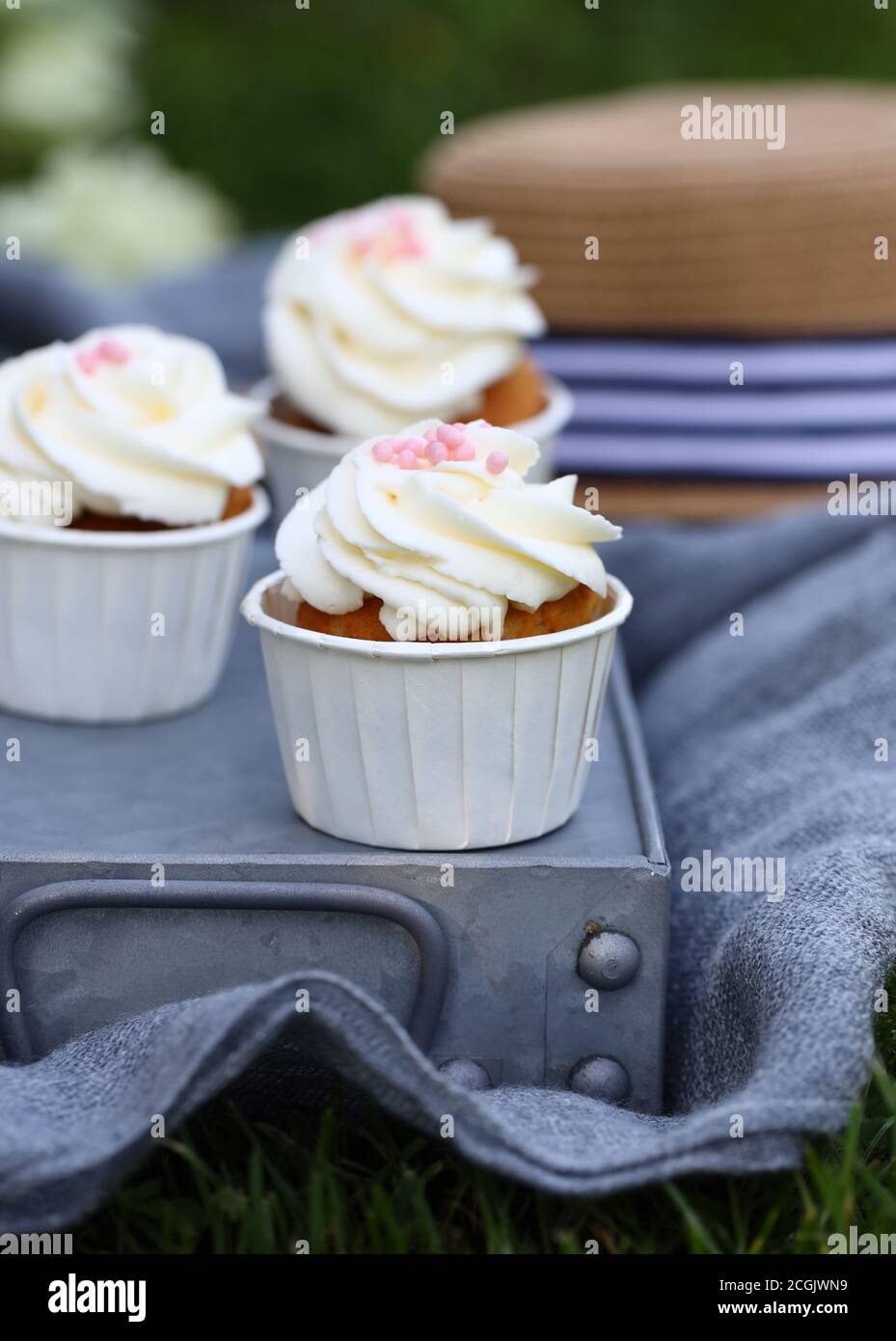 cupcakes with butter cream on a picnic Stock Photo - Alamy