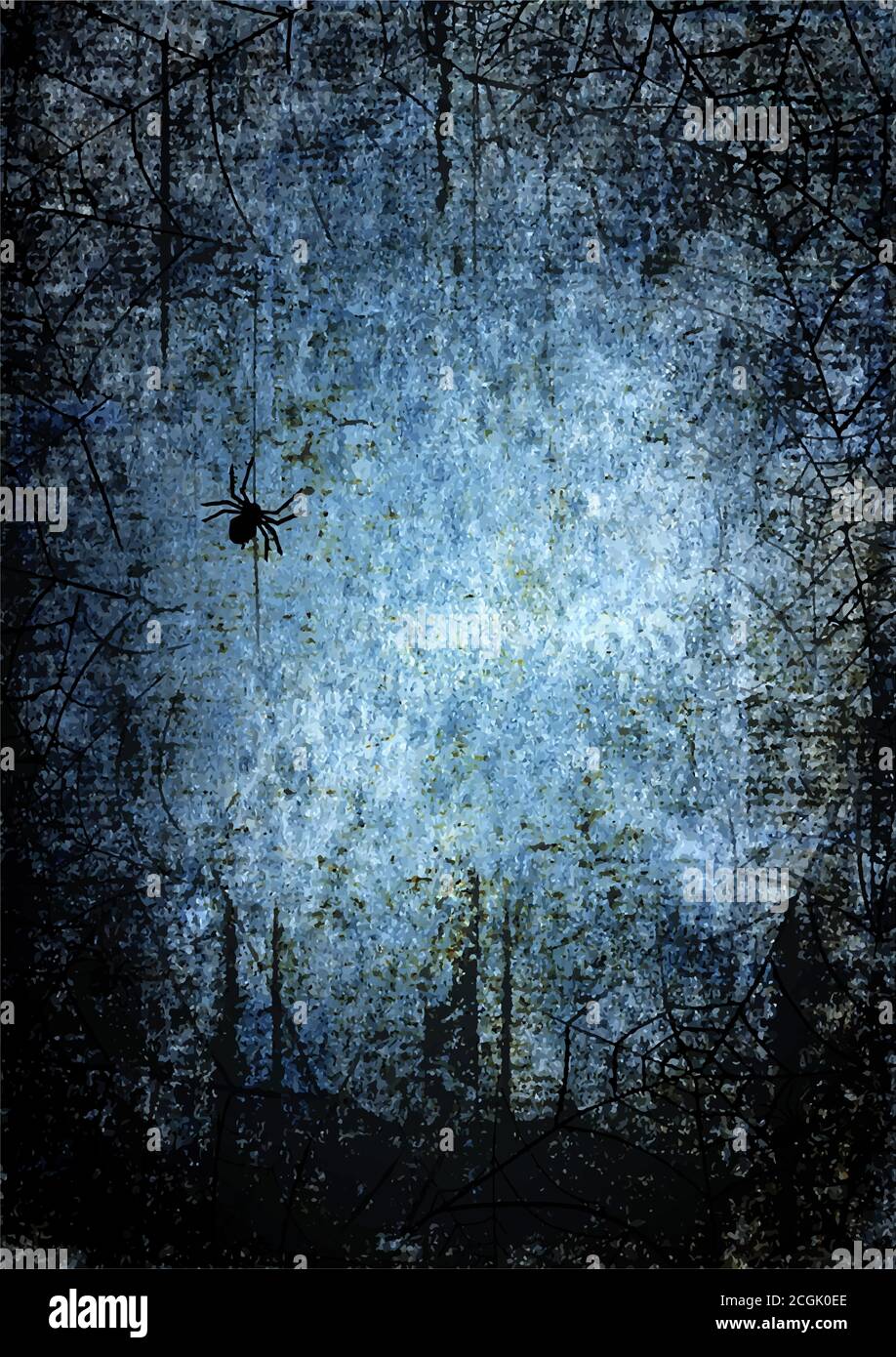 Halloween blue navy gray grunge background with silhouettes of spider ...