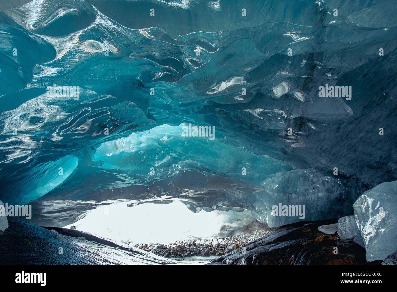 patterns on the ice ceiling inside the glacial cave of the Alibek ...
