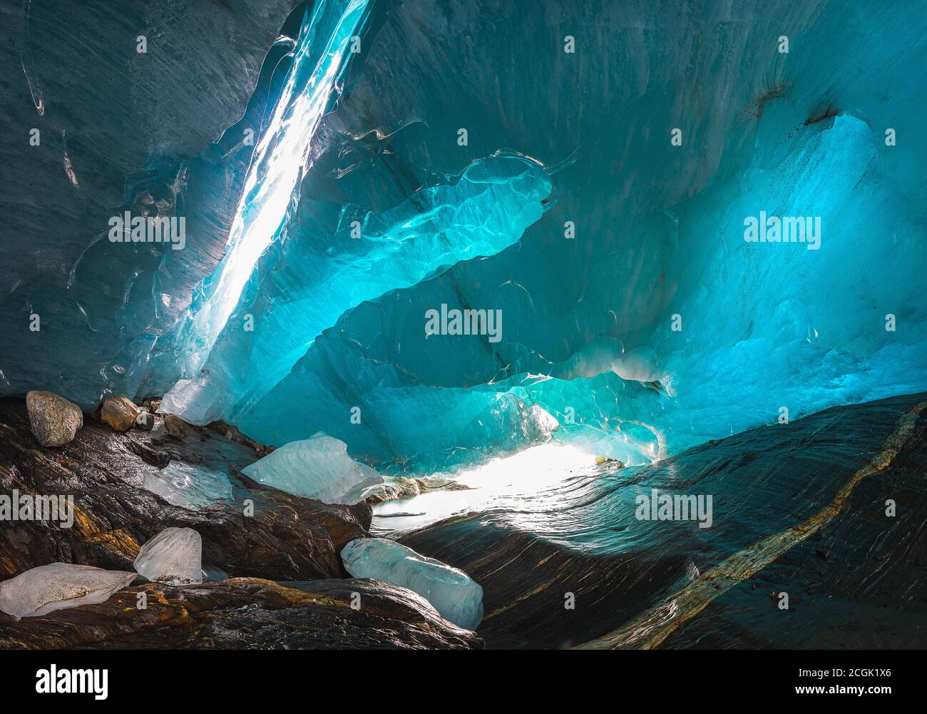 patterns on the ice ceiling inside the glacial cave of the Alibek ...