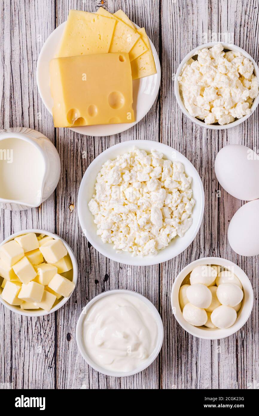 Different types of dairy products. Top view Stock Photo - Alamy