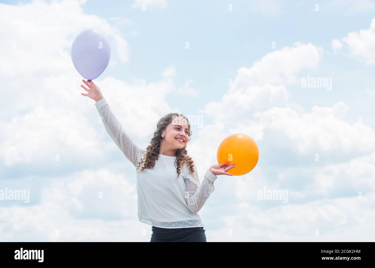 Higher and higher everyday. Cheerful girl have fun. Freedom concept ...