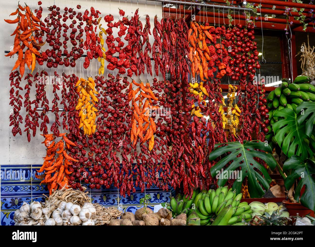 Colourful display of chillis, Funchal Market, Madeira Stock Photo - Alamy
