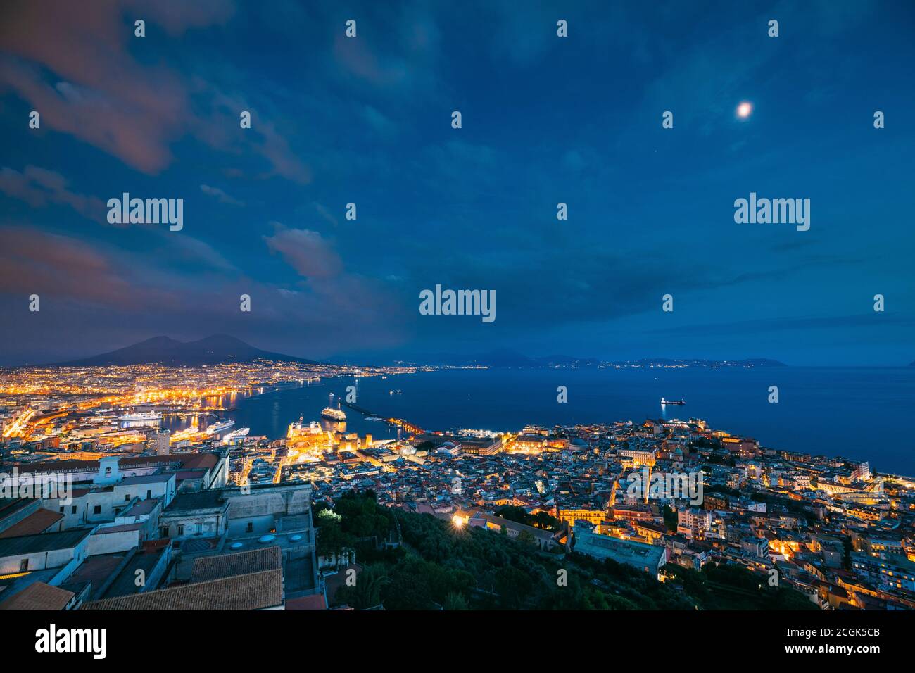 Naples, Italy. Skyline Cityscape In Evening Lighting. Tyrrhenian Sea ...