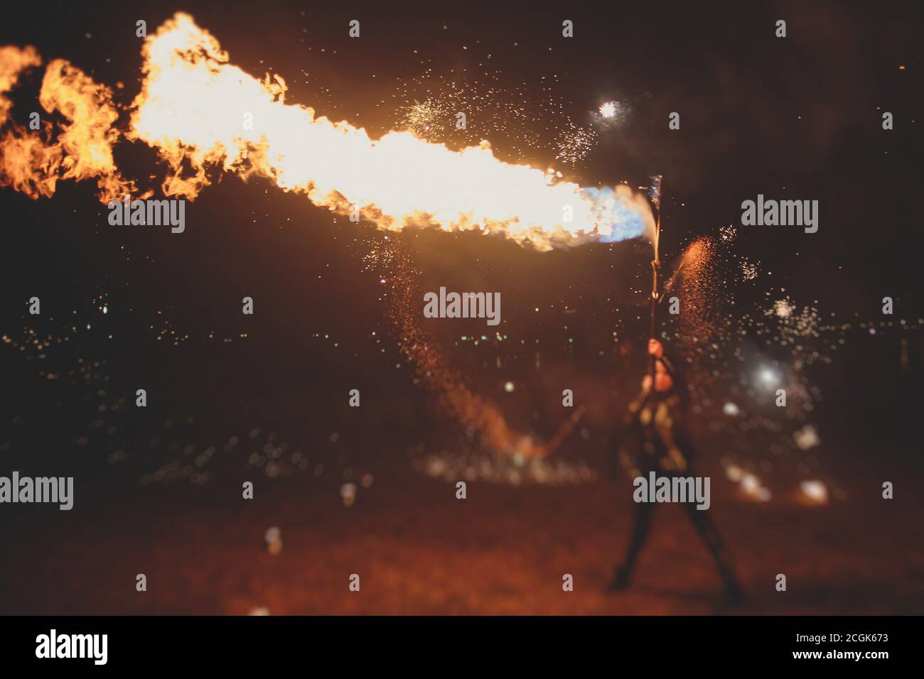 Group of fire artists fakir perform amazing show at night with ...