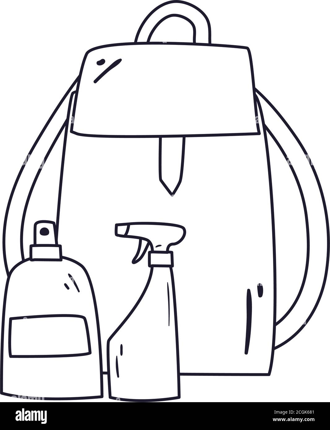 bag with sanitizer spray bottles line style icon design, Disinfects ...