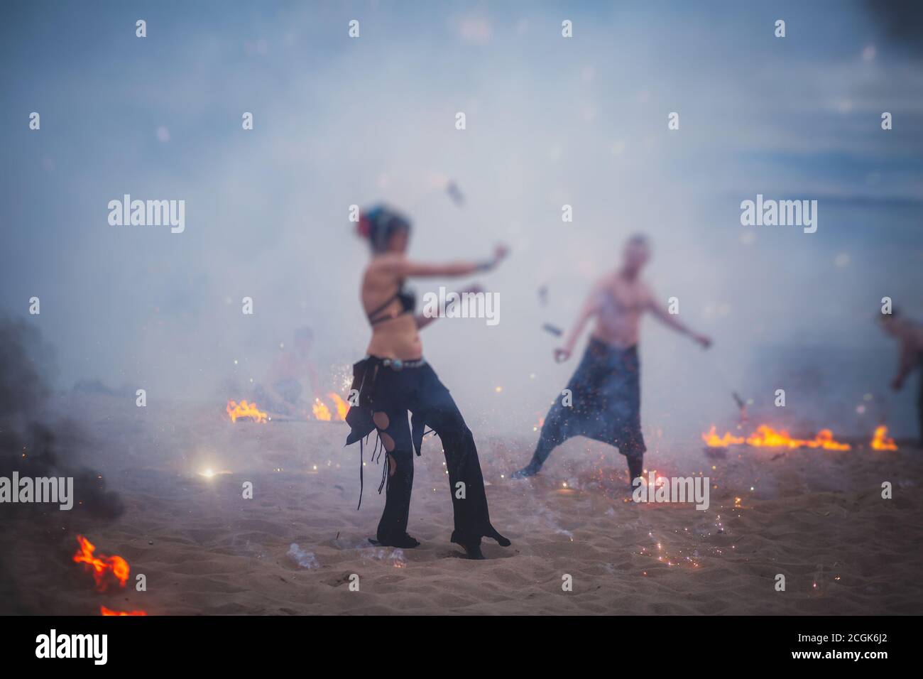 Group of fire artists fakir perform amazing show at night with ...