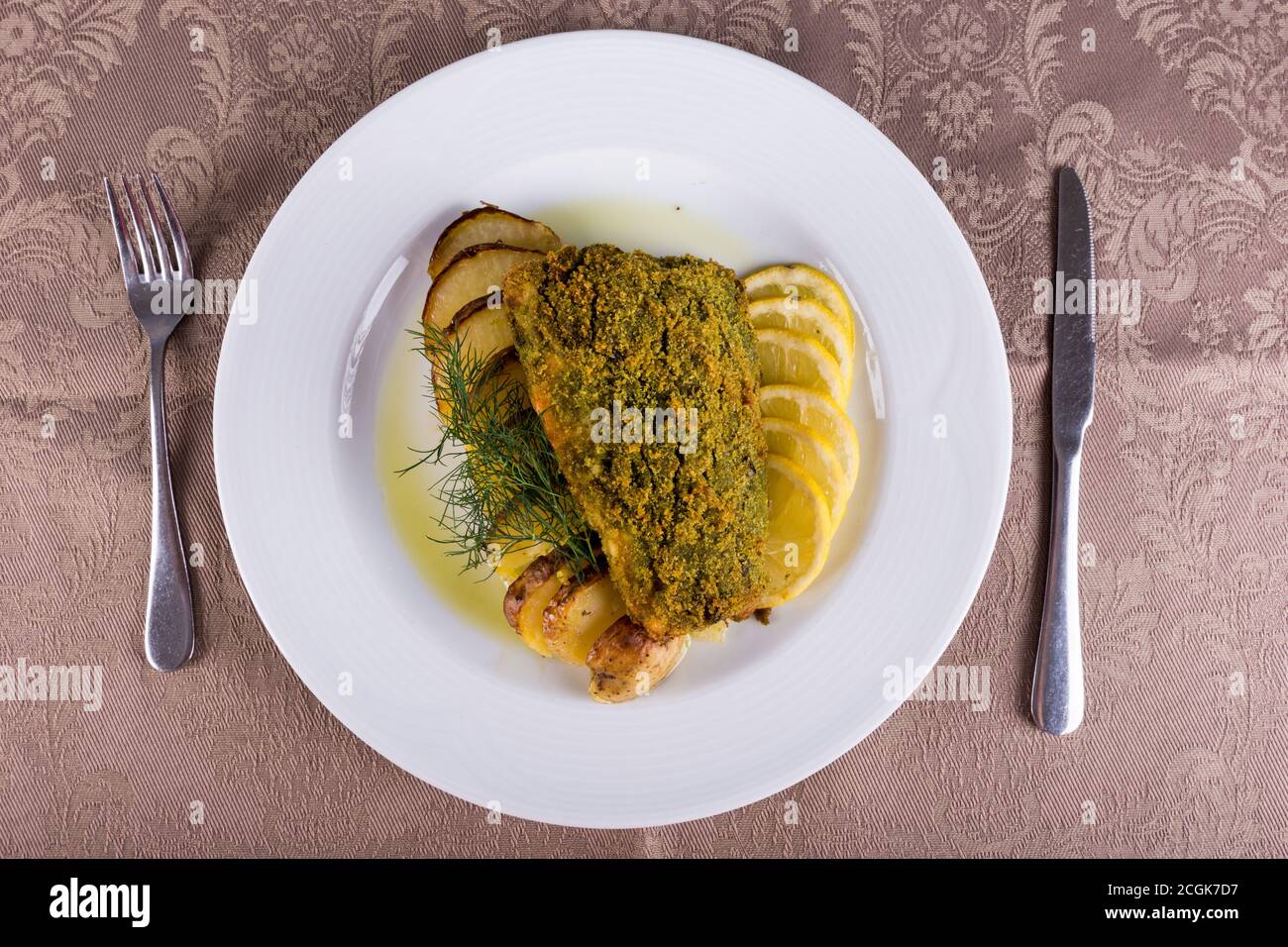 Served food by the pool chicken or fish with potatoes and dressing ...