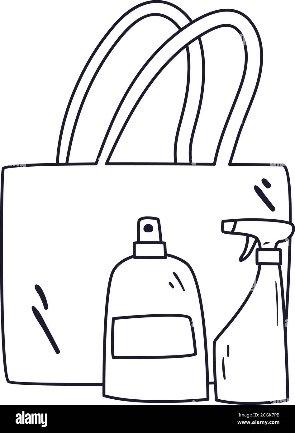 bag with sanitizer spray bottles line style icon design, Disinfects ...