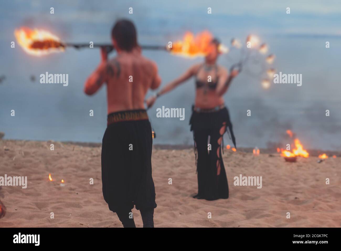 Group of fire artists fakir perform amazing show at night with ...