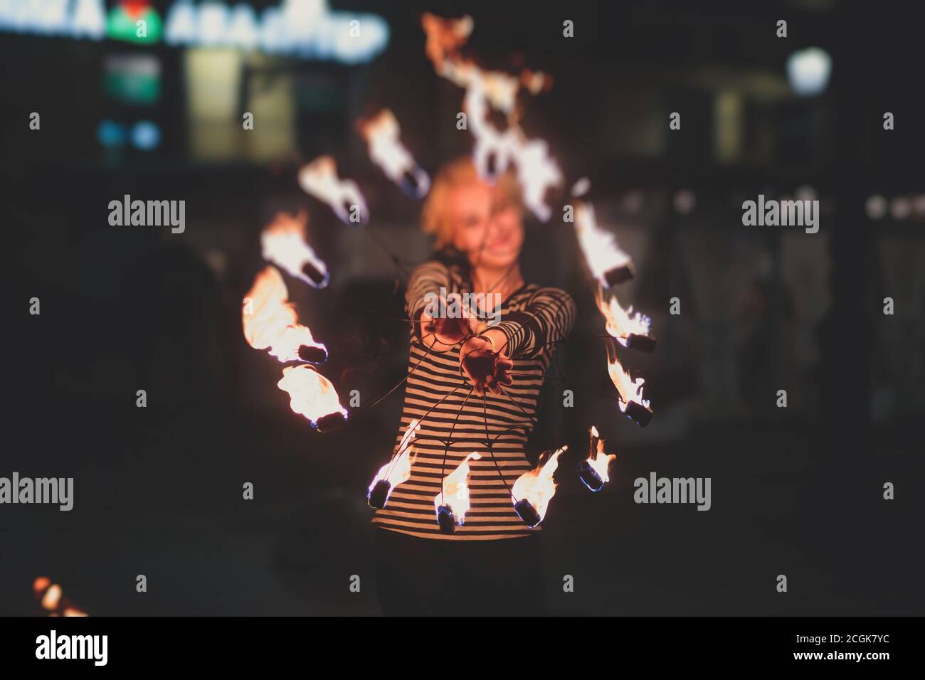 Group of fire artists fakir perform amazing show at night with ...