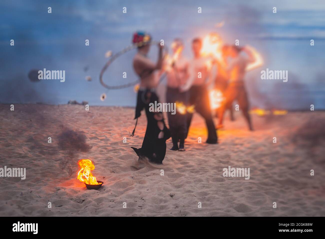 Group of fire artists fakir perform amazing show at night with ...