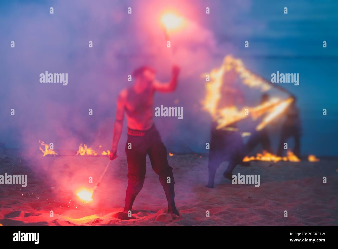 Group of fire artists fakir perform amazing show at night with ...