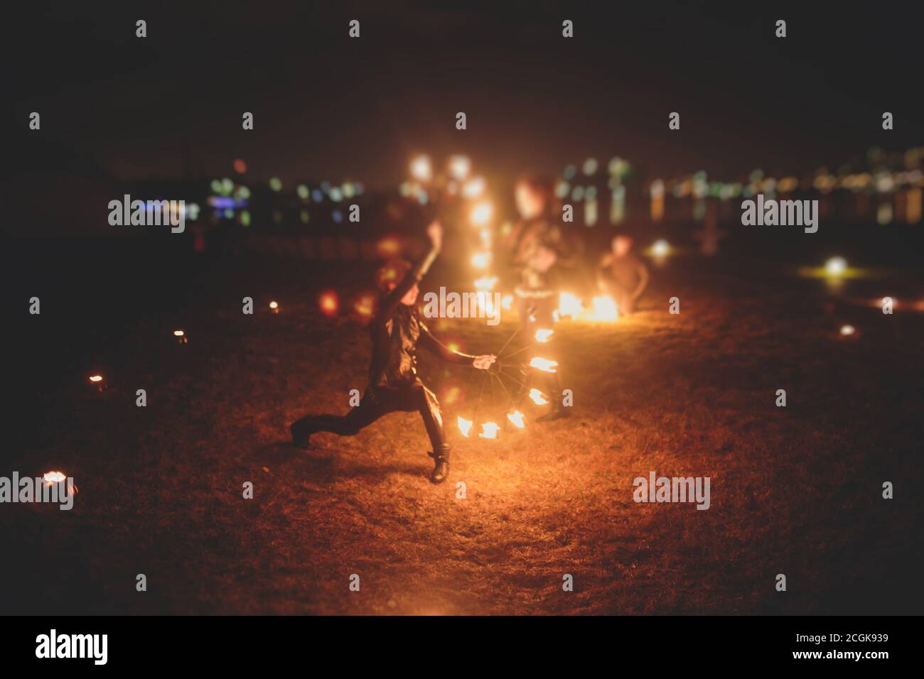 Group of fire artists fakir perform amazing show at night with ...