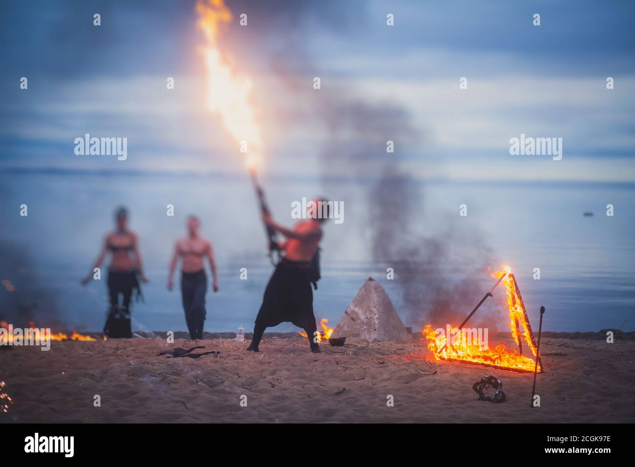 Group of fire artists fakir perform amazing show at night with ...