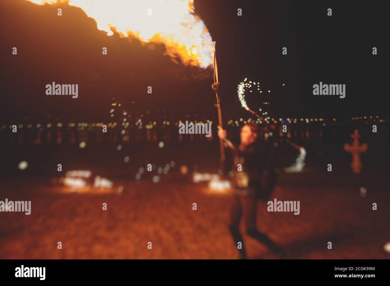 Group of fire artists fakir perform amazing show at night with ...