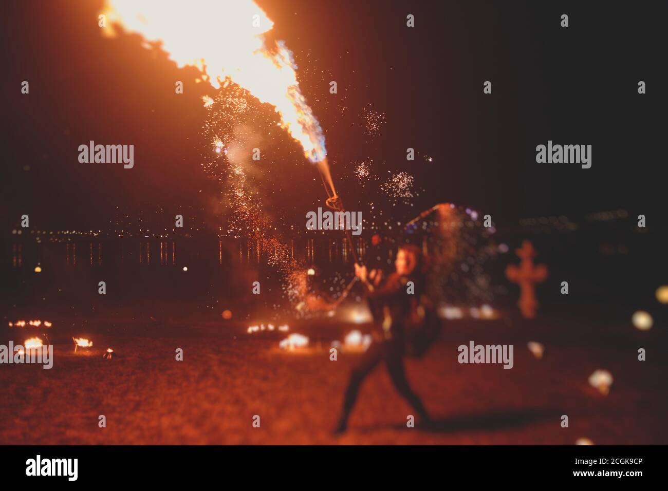 Group of fire artists fakir perform amazing show at night with ...