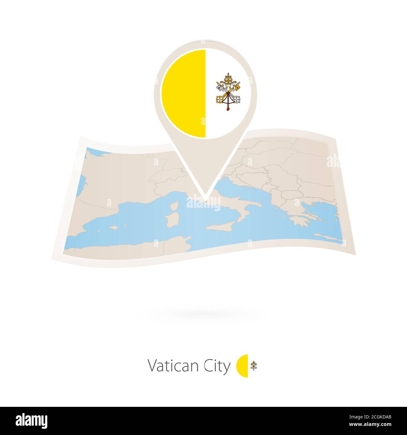 Folded paper map of Vatican City with flag pin of Vatican City. Vector ...