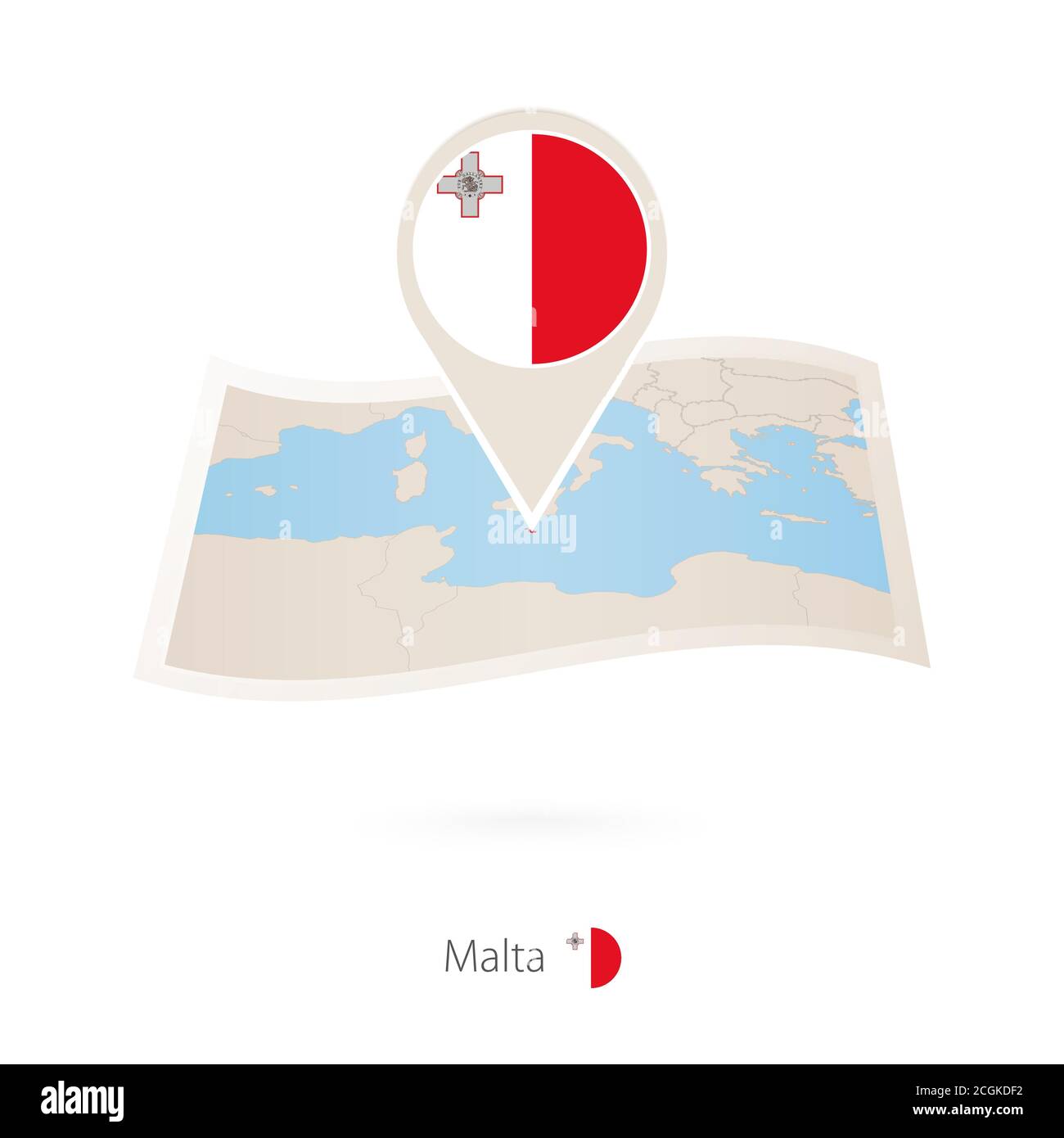 Folded Paper Map Of Malta With Flag Pin Of Malta Vector Illustration