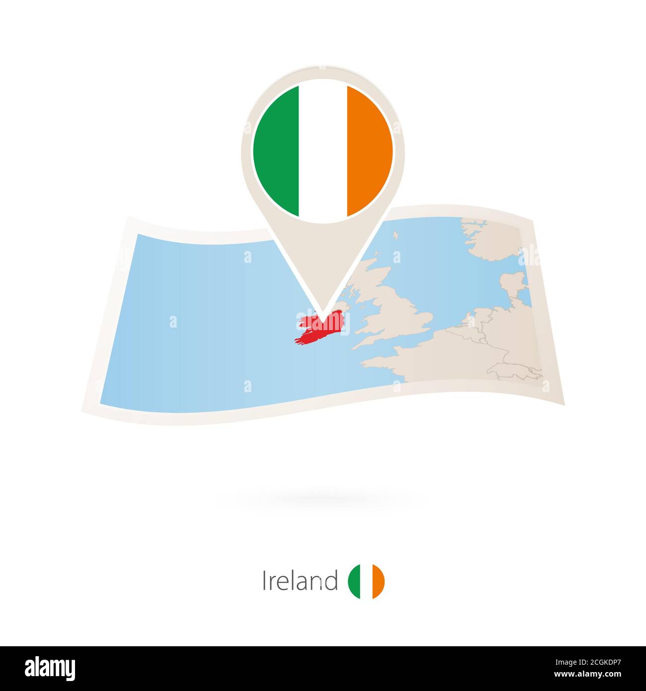 Folded paper map of Ireland with flag pin of Ireland. Vector ...