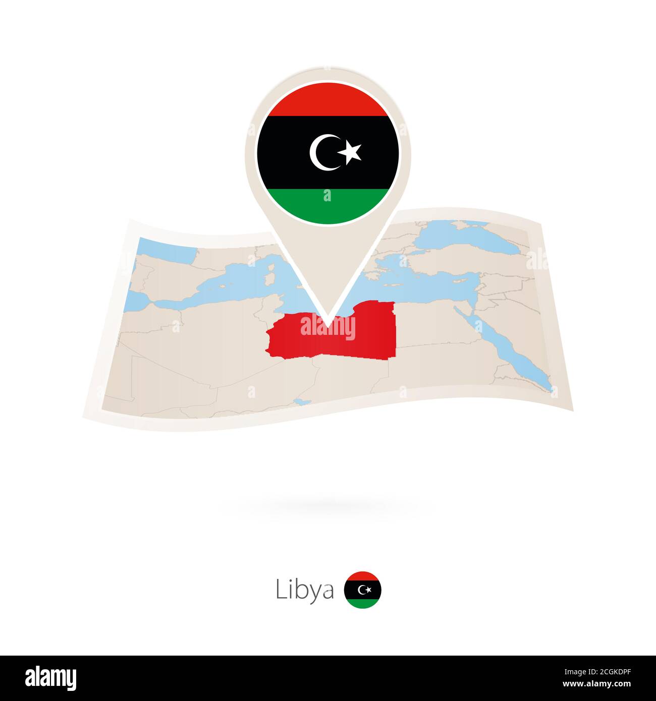 Folded paper map of Libya with flag pin of Libya. Vector Illustration ...