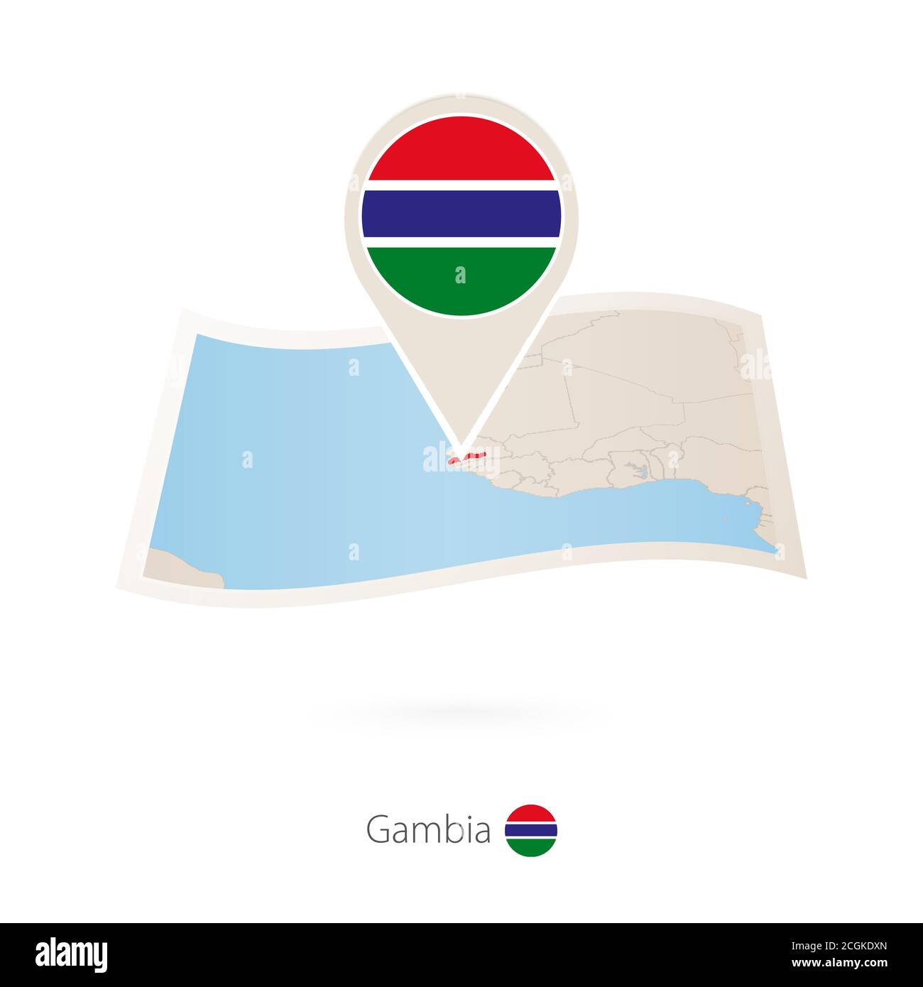 Folded paper map of Gambia with flag pin of Gambia. Vector Illustration ...