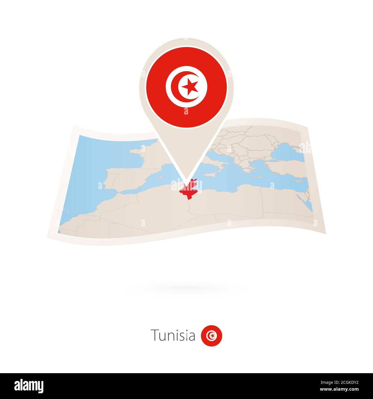Folded Paper Map Of Tunisia With Flag Pin Of Tunisia Vector