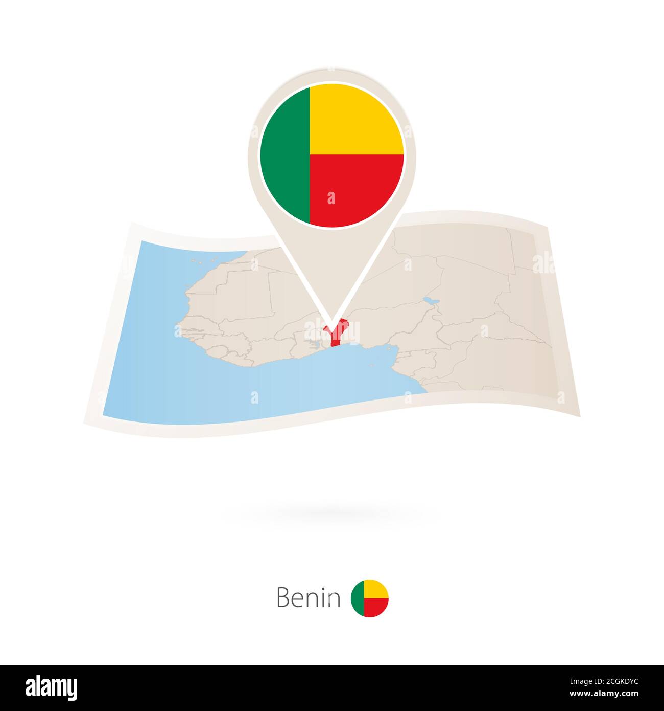 Folded paper map of Benin with flag pin of Benin. Vector Illustration ...