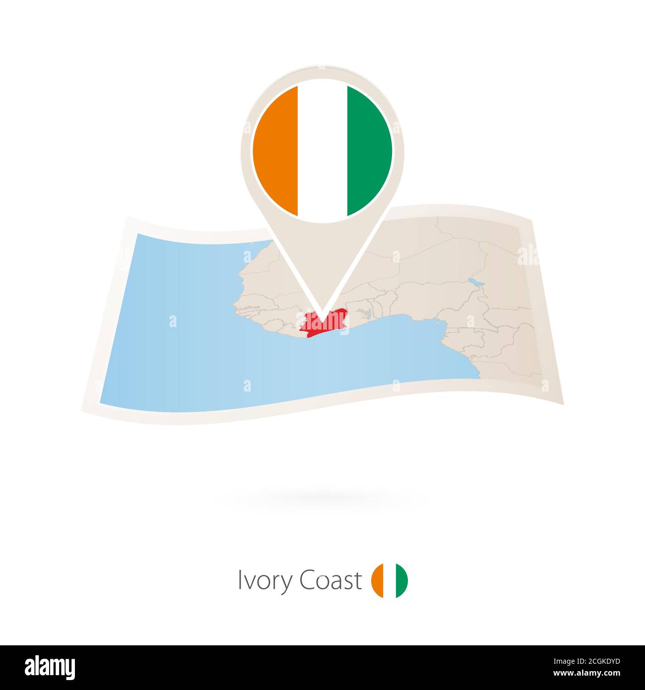 Folded paper map of Ivory Coast with flag pin of Ivory Coast. Vector ...