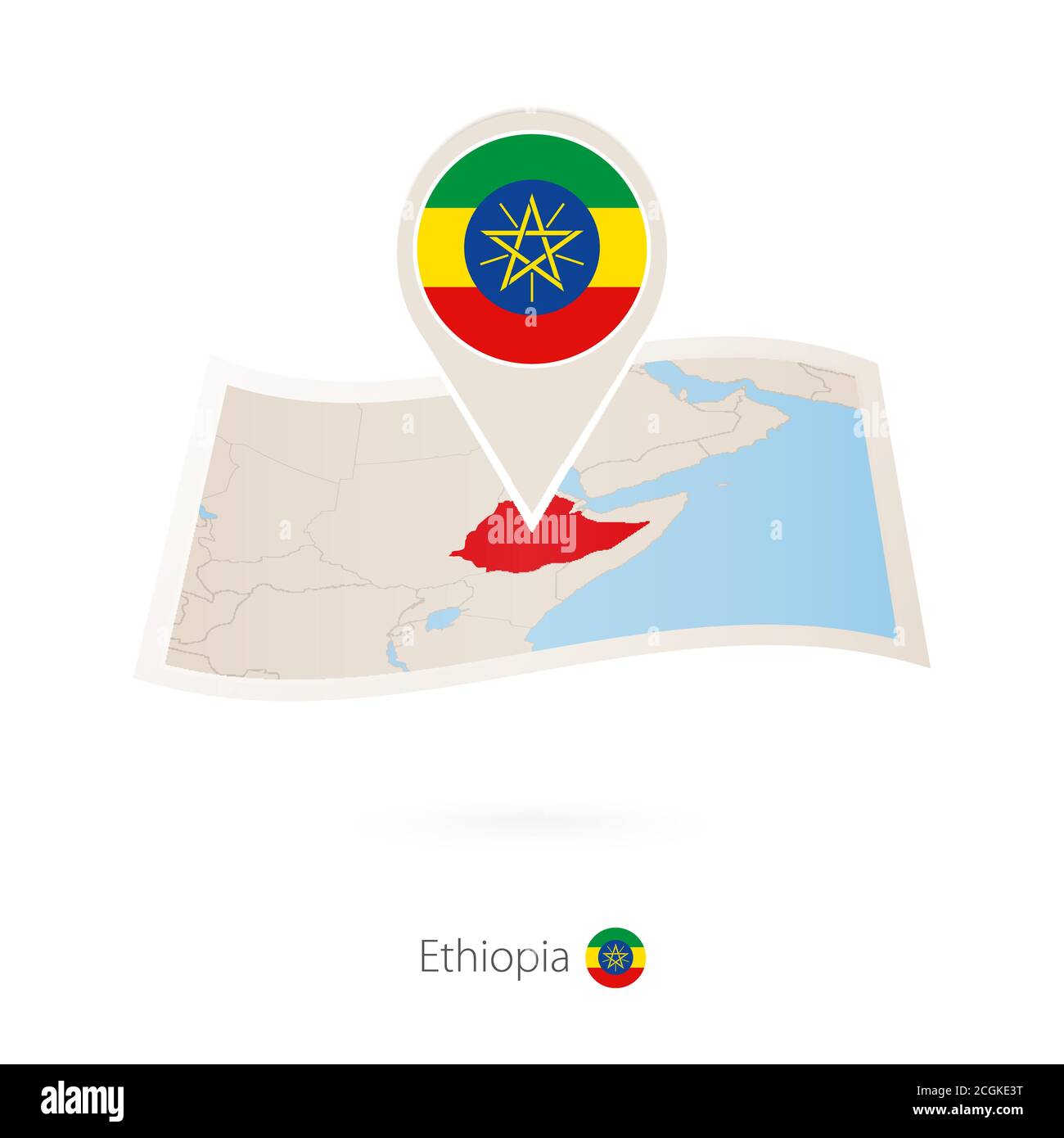 Folded paper map of Ethiopia with flag pin of Ethiopia. Vector ...